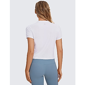 CRZ YOGA Women's Pima Cotton Short Sleeve Crop Tops High Neck Cropped Workout Tops Yoga Athletic Shirts Casual T-Shirt White X-Small