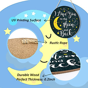 CHDITB Love You To The Moon And Back Wood Sign Wall Decor, Moon Star Wooden Door Hanging Art, Family Love Words Wood Art Plaque for Children Wife Bedroom Nursery (12''x12'')