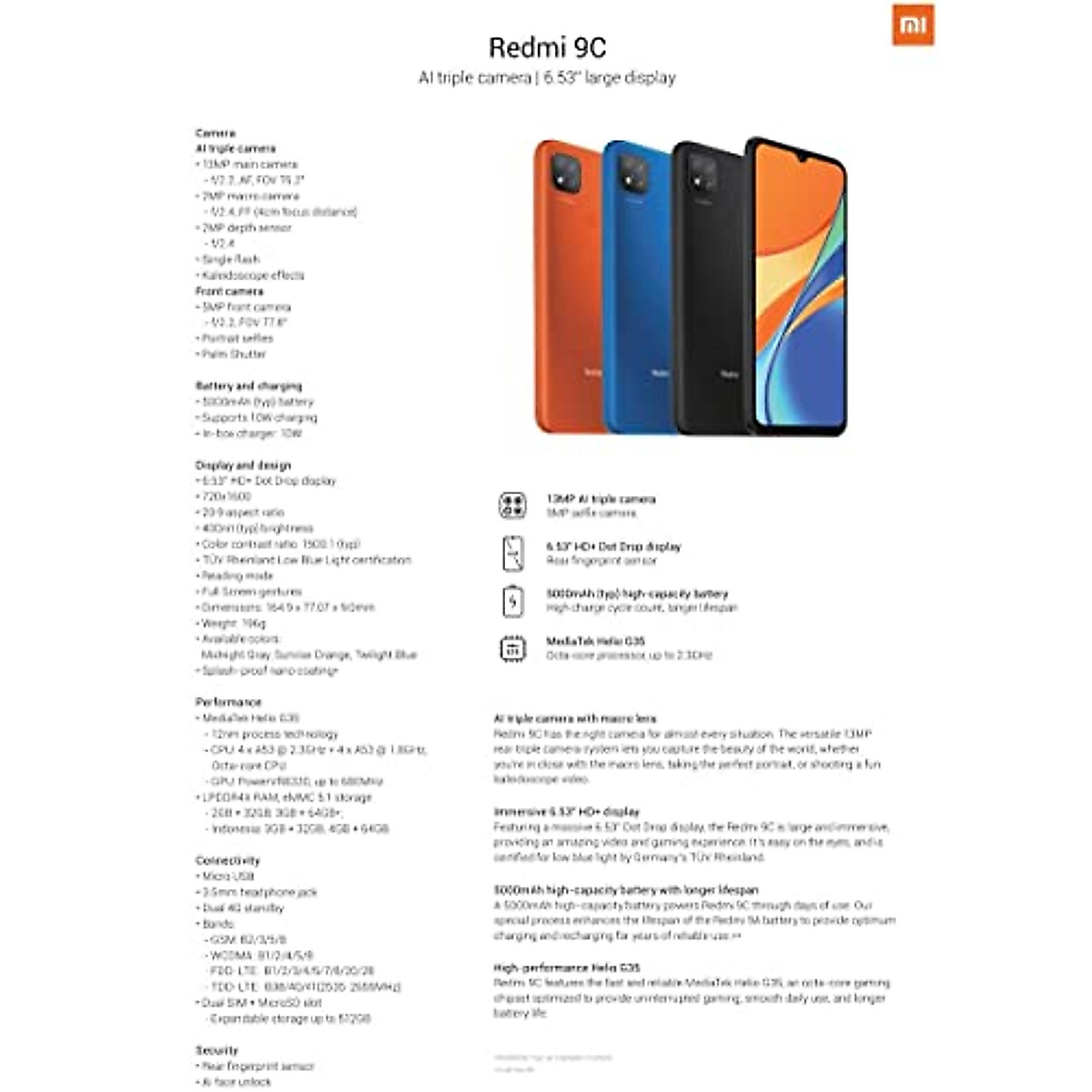 Xiaomi Redmi 9C Smartphone, 3 GB + 64 GB, 6.53 "HD + Dot Drop Display 5000mAh (typ), con Sblocco Faccial AI, 13 MP, Tripla Fotocamera, Grigio (Midnight Grey)