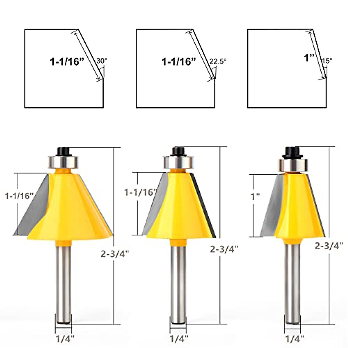 MEIGGTOOL 3Pcs Chamfer Router Bit Set, 1/4-Inch Shank Round Nose, Cutting Angle: 15, 22.5, 30 Degree, 1 Inch Cutting Length