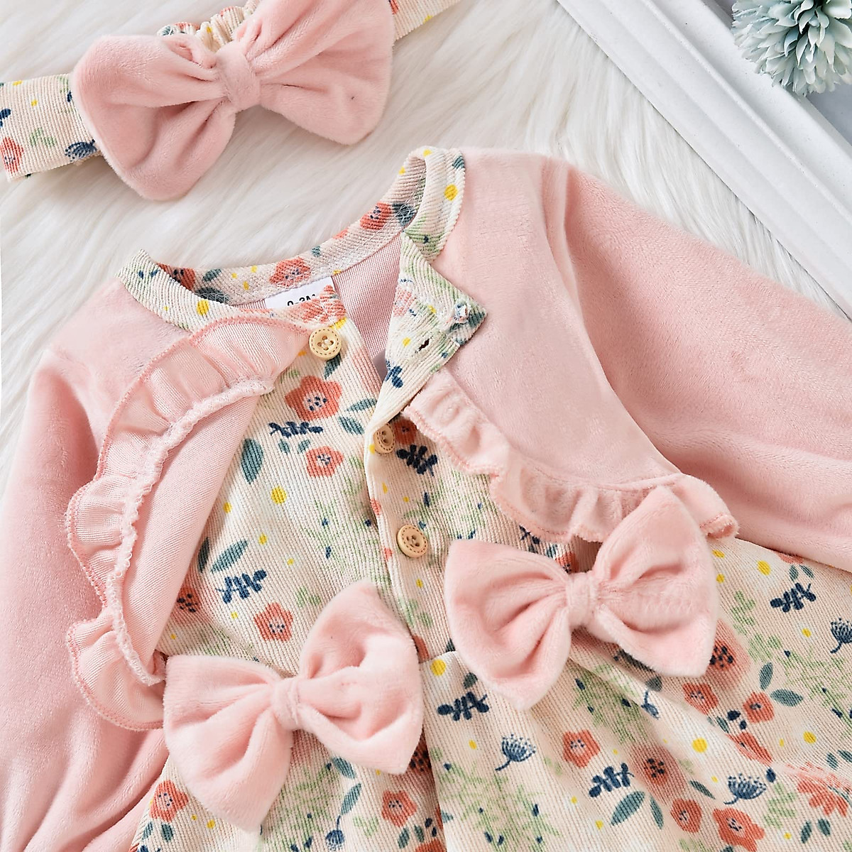 Sasaerucure Infant Newborn Baby Girls Fall Winter Corduroy Dress Long Sleeve Romper Ruffle Floral Bodysuit Fluffy Cardigan Set (Pink, 0-3 Months)
