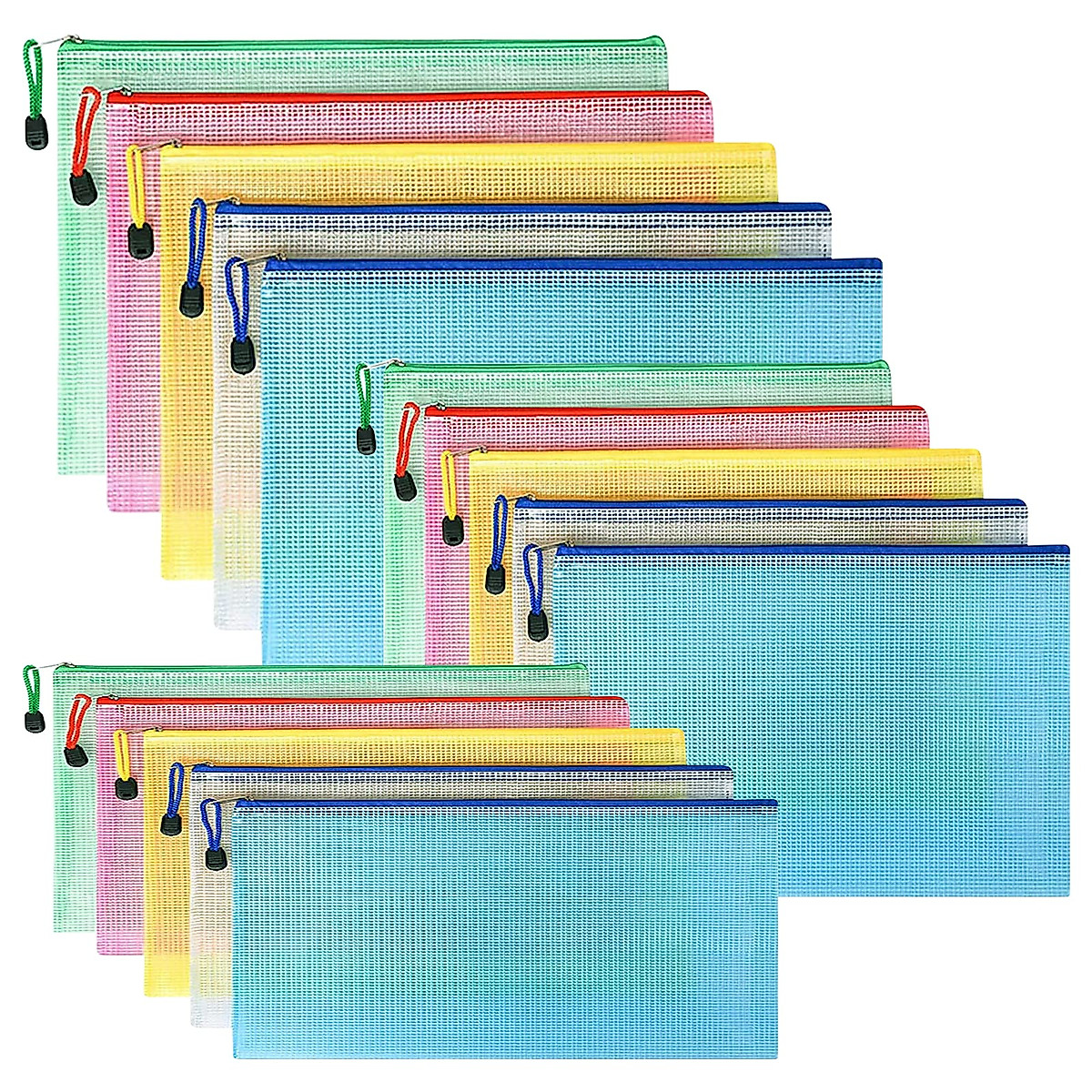 Toplive Plastic Mesh Zipper Pouch, 15 Packs (A4/A5/A6 Size,5 Colors) Waterproof Mesh Bag Document Bag File Folder for School Office Supplies