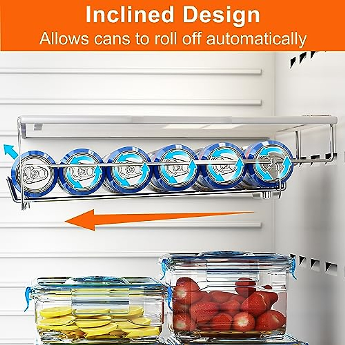Soda Can Storage for Refrigerator, Hanging Soda Can Organizer Stainless Steel Soda Can Holder for Refrigerator Soda Can Dispenser for Fridge Can Drinks Rack Container with Adjustable Rail Design