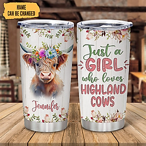 Hyturtle Personalized Gifts For Highland Cow Lover - Birthday Christmas - Just A Girl Who Loves Highland Cows Custom Name Stainless Steel Tumbler 20oz With Lid - Animal Lover Gifts For Her Women Girl