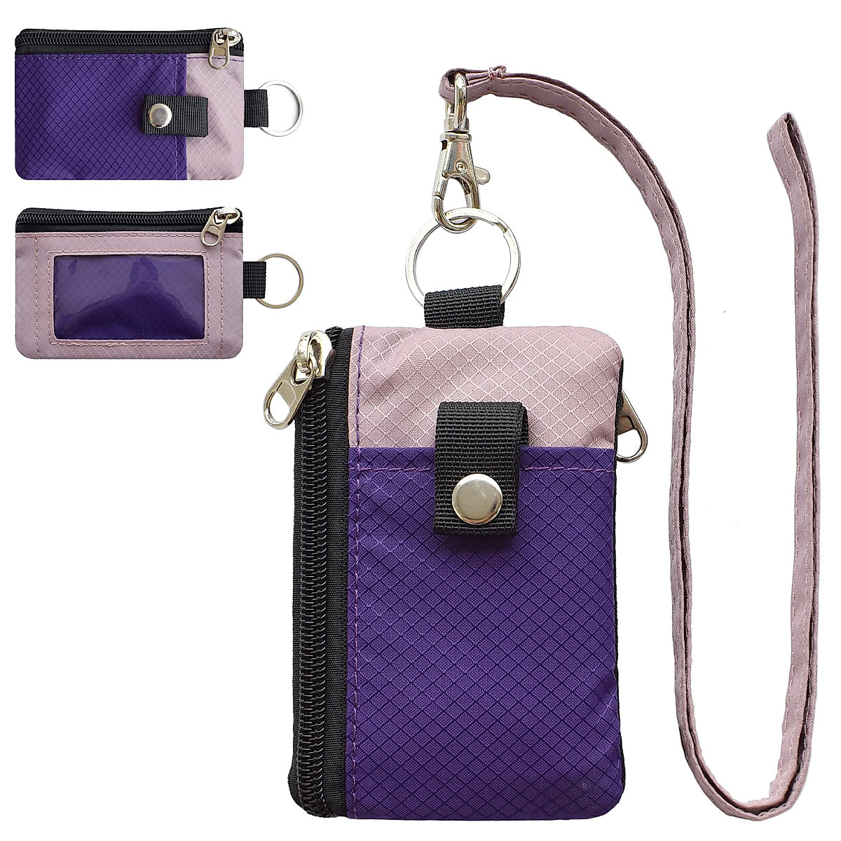 CHENSPRX Minimalist RFID Blocking Small Wallet with ID Window,WaterResistant Zip Id Case Wallet with Lanyard Keychain for Cards,Cash,Travel,Women,Men (Purple+LightPurple)