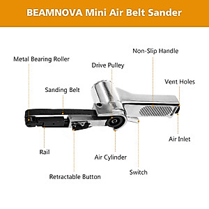 BEAMNOVA Mini Air Belt Sander for Woodworking Metal Working 3/8 Inch Handheld Angle Grinder Industrial Pneumatic Tool with 3 Belts 60/80/100 Grit