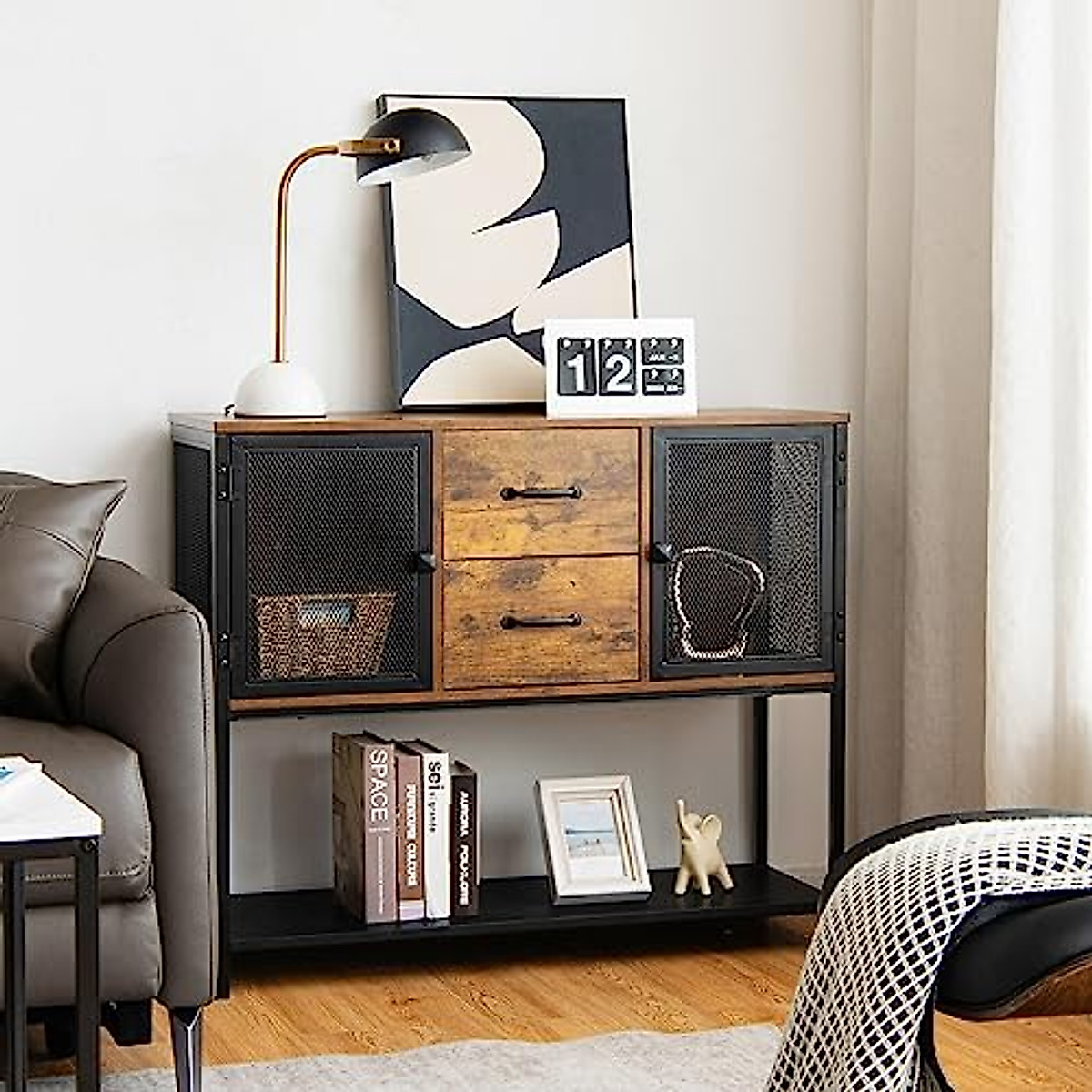 QZWCQ Buffet Storage Cabinet, 39" Kitchen Sideboard with Open Shelf, Industrial Buffet Sideboard Kitchen Cupboard with Metal Mesh Doors & 2 Drawers for Kitchen Hallway Entry Living Room Dining Room