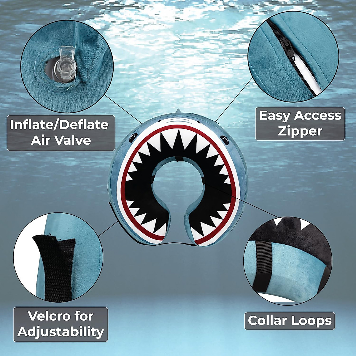 Choola Pet Shark Theme Inflatable Dog Cone Collar (Large) for After Surgery Care Bundled with Pump and Extra Tube