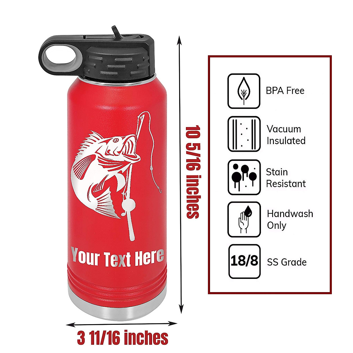 Customized Water Bottles with Flip-Top Lid and Straw, Personalized Stainless Steel Sports Fishing Double Wall Thermos, Custom Your Name and Text Engraved 32 OZ (Red)