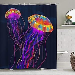 DuoBaorom 4 Pieces Set Jellyfish Shower Curtain Set Abstract Ocean Marine Animal Picture on Non-Slip Rugs Toilet Lid Cover Bath Mat and Bathroom Curtain with 12 Hooks 72x72inch