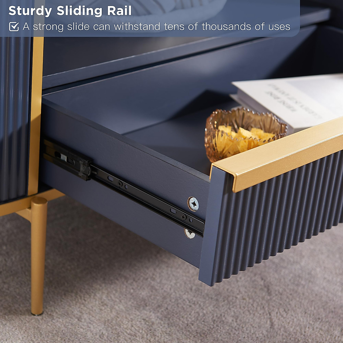 OKD Modern Coffee Table, 48" Oval Coffee Table with Storage, Sliding Drawer, Open Shelf, Center Table for Living Room, Dark Blue