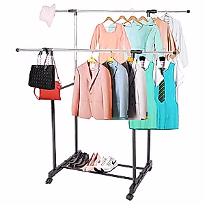 Small Clothing Rack for Hanging Clothes Wardrobe Rack Garment Rack Hanging Rack Rolling Closet with Wheels Double Rod Clothing Display Rack Cost Free of Storage Basket Cube Storage Bin (Garment Rack)