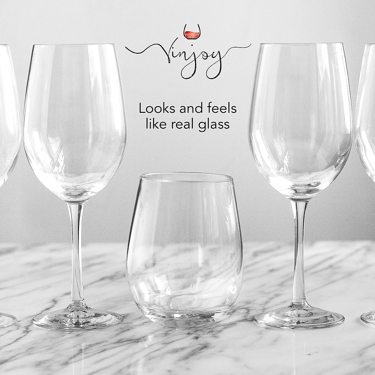 Vinjoy Unbreakable Stemless Plastic Wine Glasses 16 Ounce (Set Of 4) - Extra Durable for Red and White Wine - Reusable Shatterproof Tritan Indoor Outdoor Party Cups - Dishwasher Safe - Bar Glassware