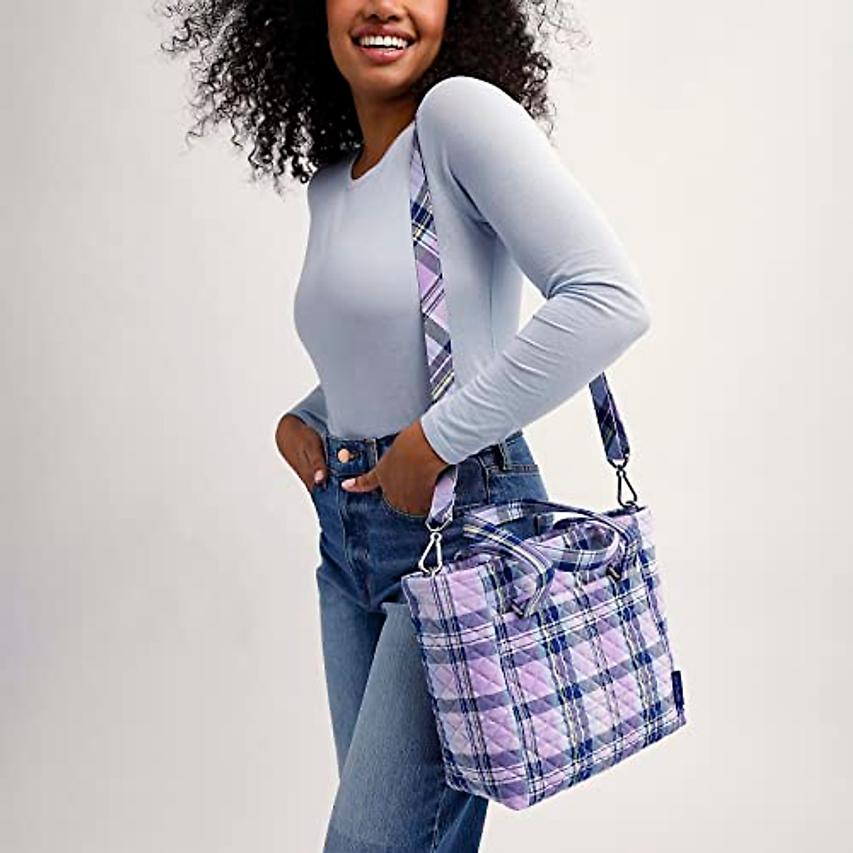 Vera Bradley Women's Cotton Multi-Strap Shoulder Satchel Purse, Amethyst Plaid - Recycled Cotton, One Size