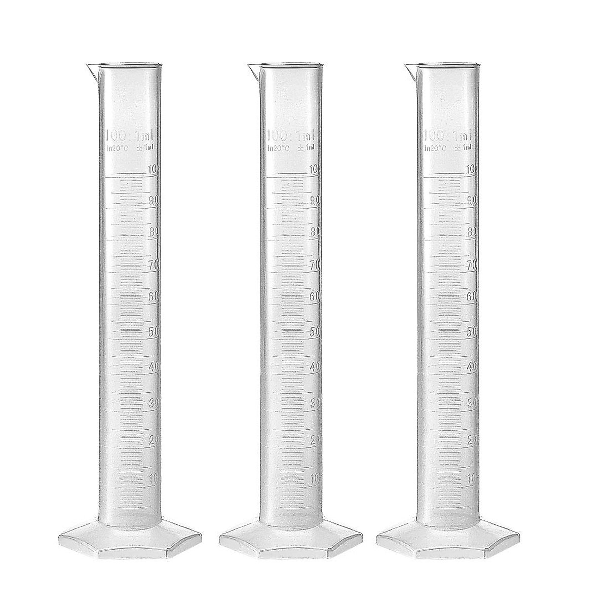 uxcell Plastic Graduated Cylinder, 100ml Measuring Cylinder, Science Test Tube Beakers, Single Metric Scale, Clear Hex Base Flask for Lab Home 3pcs