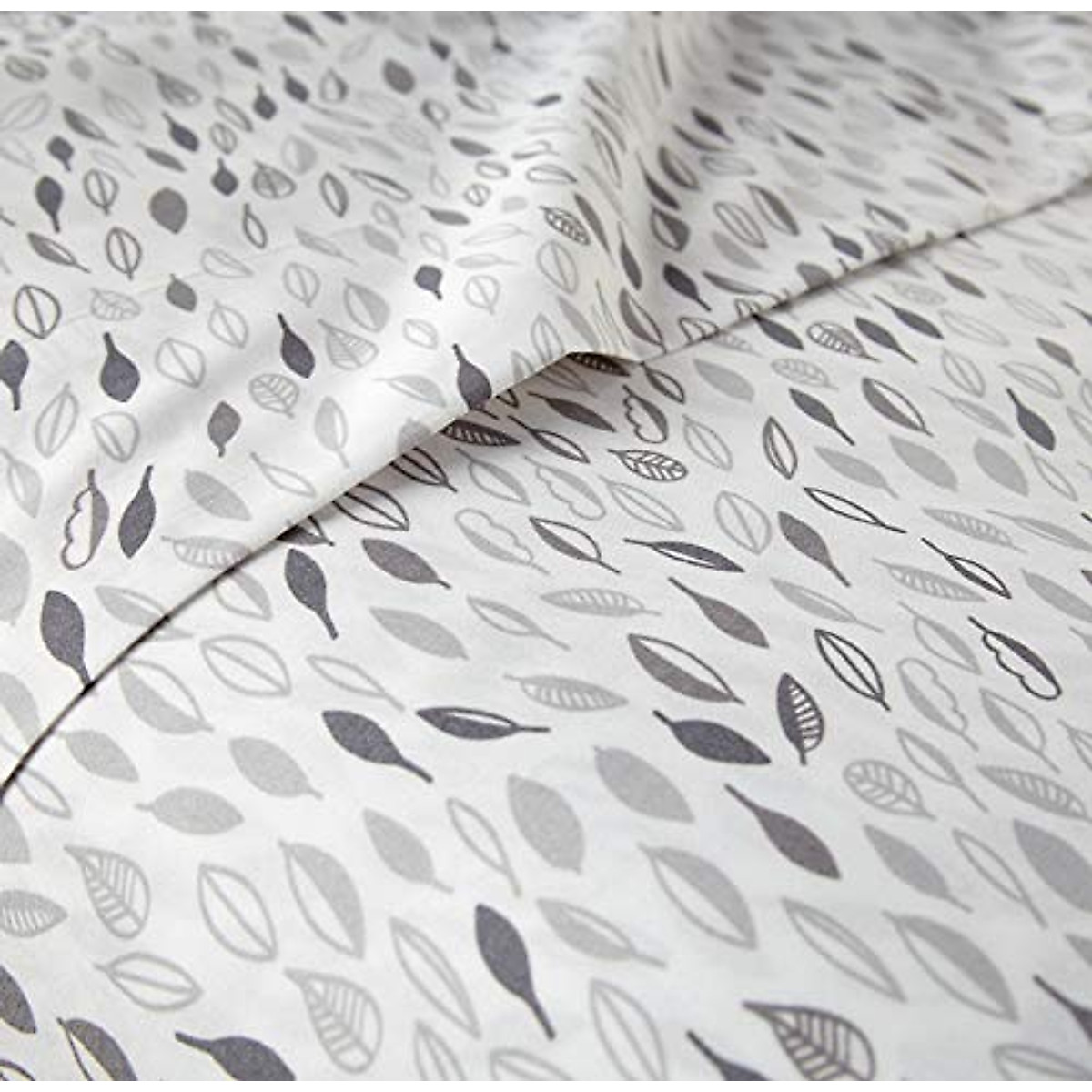 Southshore Fine Living, Inc. Botanical Leaves Collection, 4-Piece, 14-Inch Deep Pocket Sheet Set, Shrinkage Free with 1 Flat Sheet, 1 Fitted Sheet, 2 Pillowcases, White with Grey Leaves, King