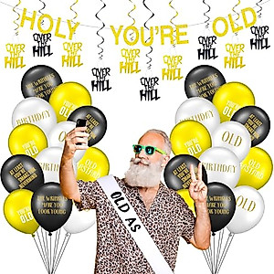 36 Pcs Holy Shit You're Old Banner Birthday Decoration Gold Glitter Banner Old As Shit White Sash Over The Hill Hanging Swirls Black and Gold Balloons Funny Old Age Birthday Retirement Party Supplies