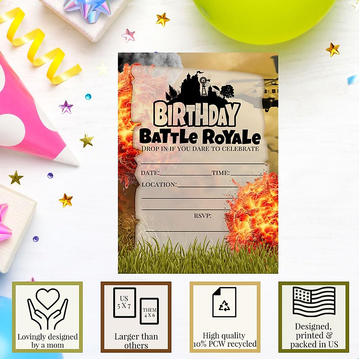 Explosion Fort Battle Video Gaming Birthday Party Invitations, 20 5x7 Fill In Cards with Twenty White Envelopes by AmandaCreation Video Gaming Party Supplies