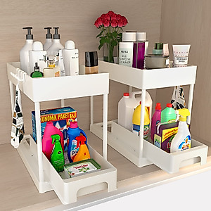 Under Sink Organizers and Storage,2 Tier Under Bathroom Storage Rack with 4 Hooks,Multi-purpose Storage Shelf for Bathroom Kitchen(White)