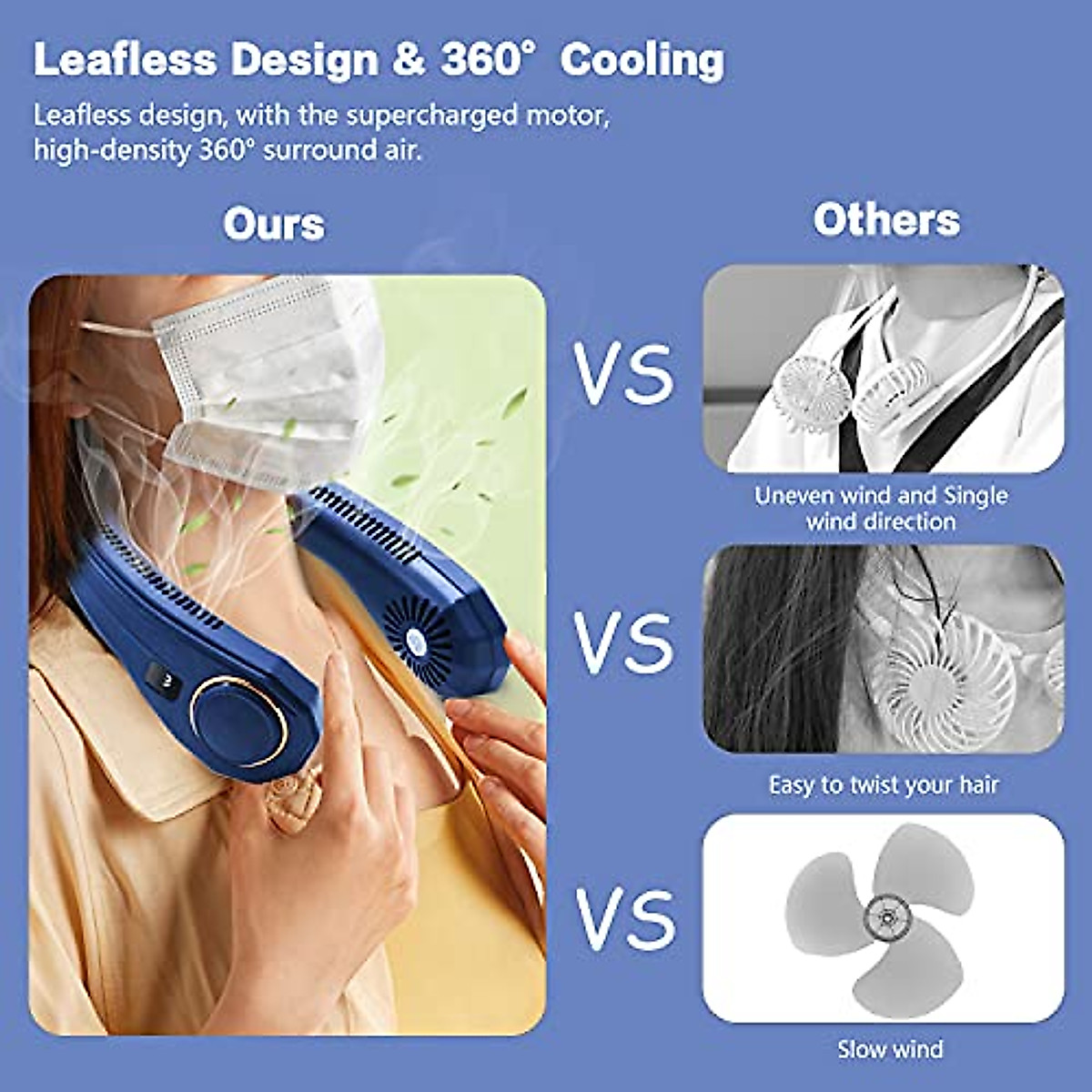 AURTEC Portable Neck Fan, Hands Free Bladeless Neck Fan, Personal Summer Cooling Neck Fan, 3 Speeds 4000mAh Rechargeable Neck Fan with LED Display - Blue