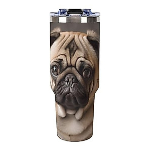 YTLKGFP 40 Oz Large Capacity Car Cup Animal Pug Dog Tumbler with Handle (Black) Straw Lid Insulated Stainless Steel Water Bottle Travel Mug Leak-proof Car Cup Keeps Cold Or Hot