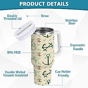 RPLIFE Anchors Beige Tumbler, Stainless Steel Mug, Insulated Water Bottle with Straw, Tumbler for Men