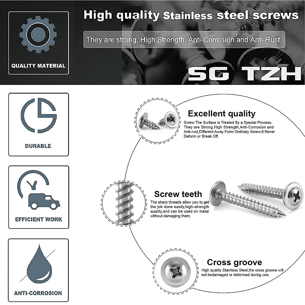 #8 x 1-1/4" Wood Screw 100Pcs 410 Stainless Steel Standard Thread Truss Head Fast Self Tapping by SG TZH