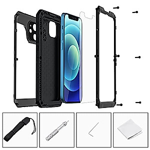 Mitywah Waterproof Case for iPhone 12, Heavy Duty Shockproof Case with Built-in Screen Protector, Full Body Underwater Protective Metal Case 6.1 inch, Black