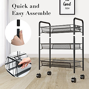Pokfeic 3-Tier All Metal Rolling Utility Cart, Rolling Metal Organization Cart with Lockable Wheels, Easy Assembly Mobile Utility Cart for Kitchen, Bathroom, Office, Workshop, Rolling Storage Cart
