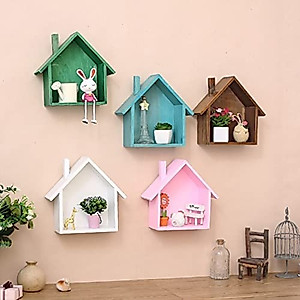 BESPORTBLE 2Pcs House Shaped Wall Storage Shelf Rustic Display Rack Kid Room Decoration for for Nursery Bedrooms Living Room (White Pink)