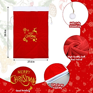 Abbylike 2 Pcs Christmas Jumbo Santa Gift Sacks with Drawstring Extra Large Velvet Bag Oversized Gift Bag with Reindeer Snowflake for Christmas Holiday Gift Giving and Party Decor, 27 x 40 Inch (Red)