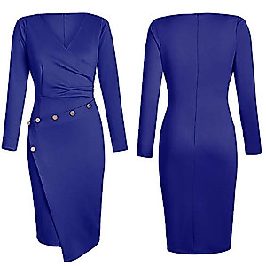 Lrady Women's Deep V Neck Casual Work Bodycon Long Sleeve Party Pencil Midi Dress, Blue, Large