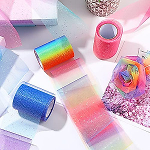 5 Rolls Rainbow Glitter Tulle Rolls Gradient Fabric Ribbon Netting Fabric Tulle Spool Shiny Sewing Craft Fabric Glitter Ribbon for Sewing Crafting Fabric Wedding Birthday Baby Shower, 3 Inch x 10 Yard