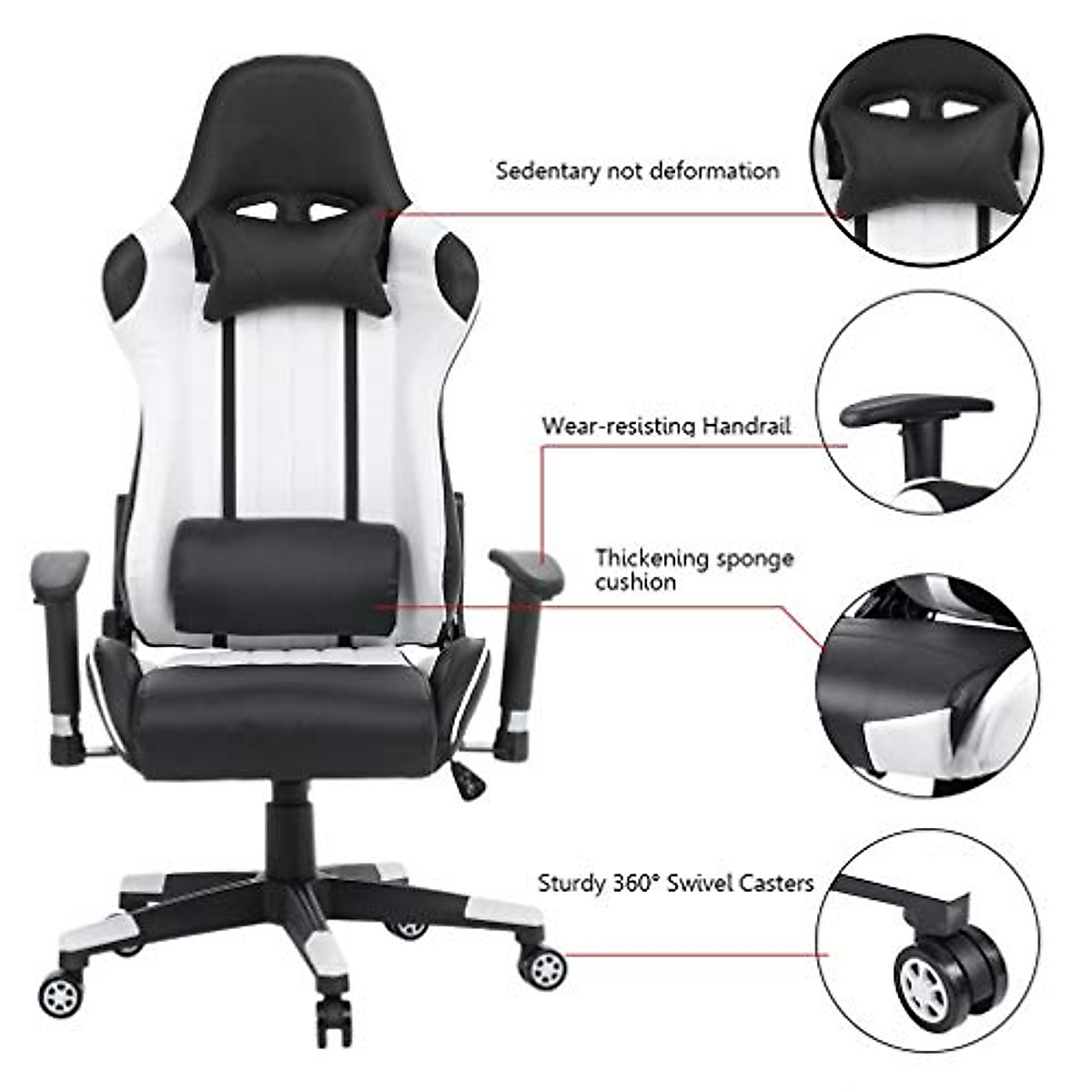 Devoko Gaming Chair Racing Style High Back Computer Chair with Adjustable Armrests Ergonomic Office Chair Executive Swivel Task Chair with Headrest and Lumbar Support (White)