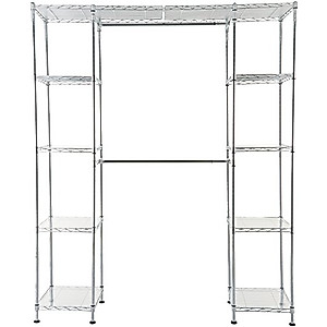 Amazon Basics Expandable Metal Hanging Storage Organizer Rack Wardrobe with Shelves, 14"-63" x 58"-72", Chrome & Collapsible Fabric Storage Cubes Organizer with Handles, Beige - Pack of 6