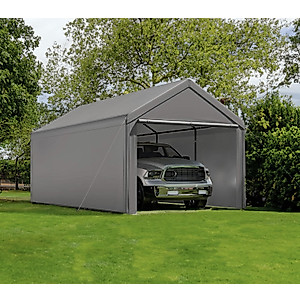 Carport 10x20 Ft Heavy Duty Canopy Steel Canopy Storage Shed,Portable Garage Party Tent,Portable Garage with Removable Sidewalls & Doors All-Season Tarp for Carport (Grey)