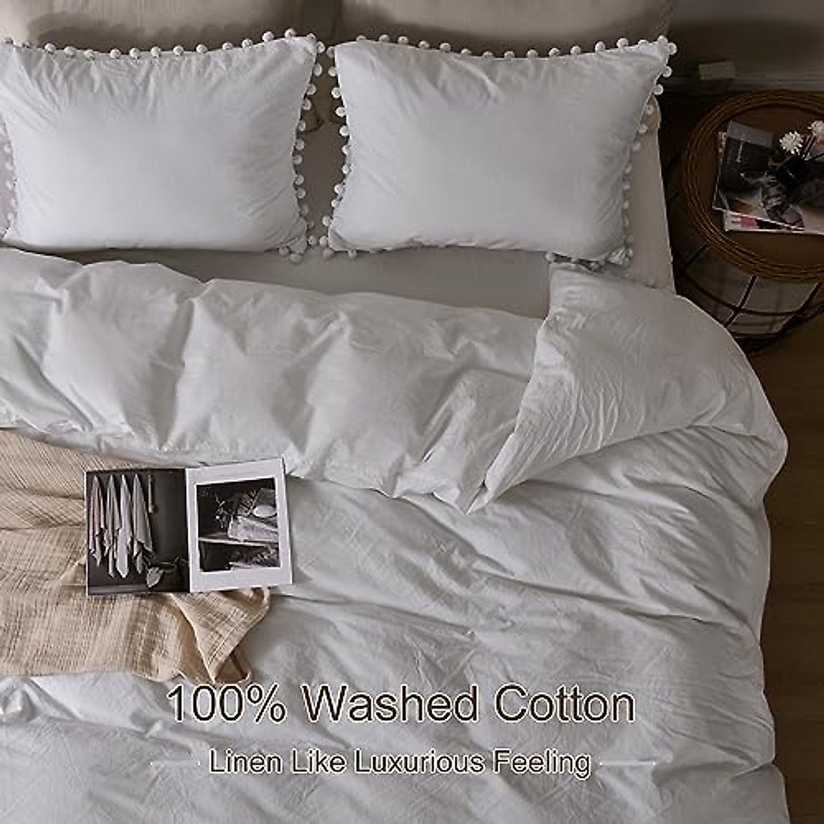 PHF 100% Washed Cotton Duvet Cover Queen Size, Ultra Soft Cotton Pom Pom Linen Like Duvet Cover Set, 3pcs Breathable Durable Duvet Cover with Pillowcases for All Seasons, 90"x90", White