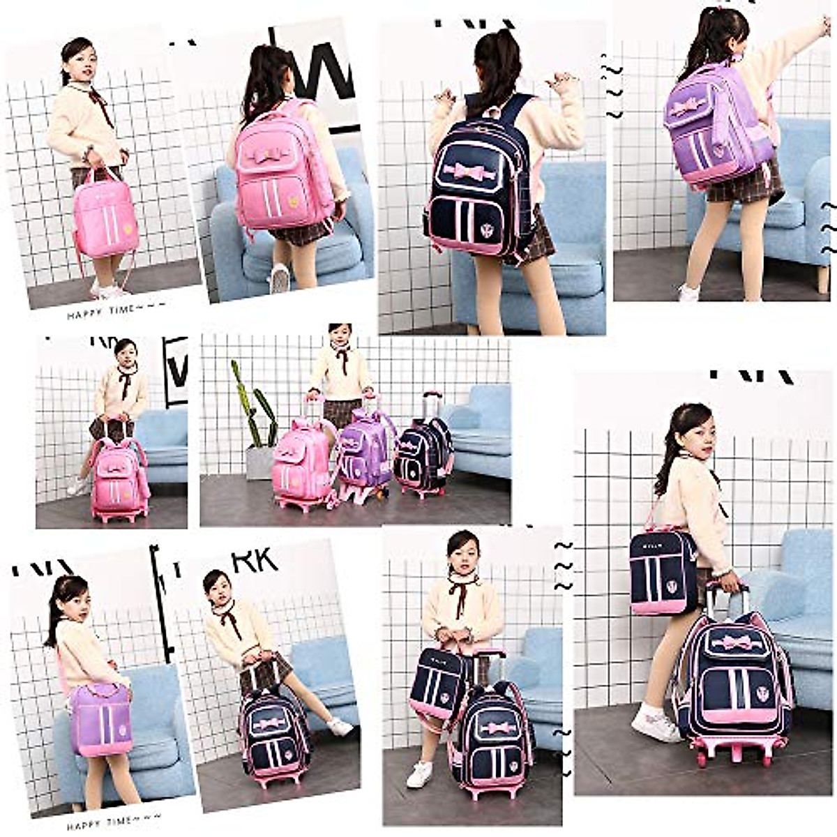 3Pcs Bowknot Princess Style Trolley School Book Bag for Girls Boys Wheeled Backpack with 6 Wheels