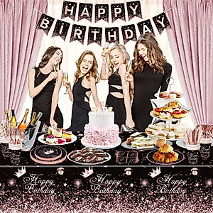 225 PCS Black and Rose Gold Party Decoration Black Rose Gold Dinnerware Set Rose Gold & Black Party Supplies Rose Gold and Black Birthday Party Supplies-Plates, Banners, Balloons, Tablecloth Serves 20