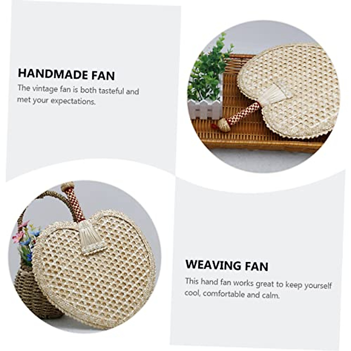Abaodam 3 Pcs Straw Fan Paper Fans Decoration Japanese Fan Party Fan Woven Handheld Fan Vintage Home Decor Hand Rocker Fan African Decor Seagrass Rattan Fan Heart-Shaped Travel Polyester