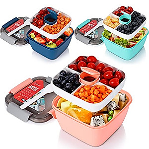 Vivimee 3 Pack Salad Lunch Containers To Go, 52 Oz & 38 Oz Large Lunch Containers, 3-Compartment with Dressing Container, Built-in spoon, Reusable Salad Bowl, Salad Containers for Lunch, Fruit, Snack