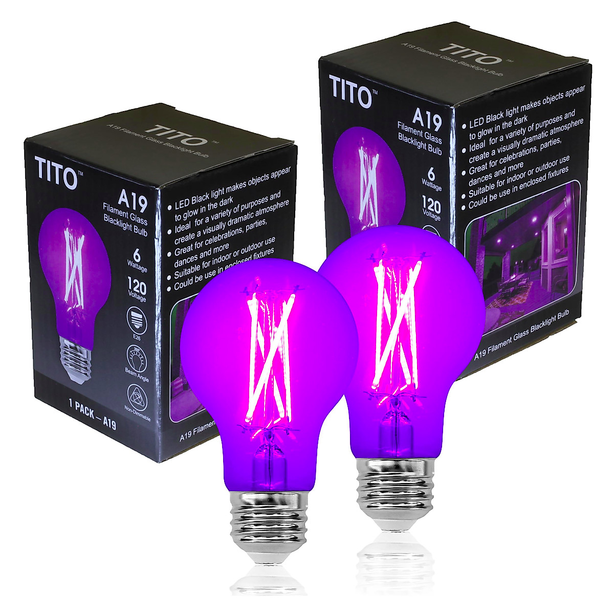TITO 2 Pack E26 A19 Filament LED Black Light Bulbs, UVA 395nm 6W Blacklight Bulb 100W Equivalent, Black Light Bulb Glow in Dark Halloween Christmas Party Fluorescent Tapestry Poster Decor Body Paint