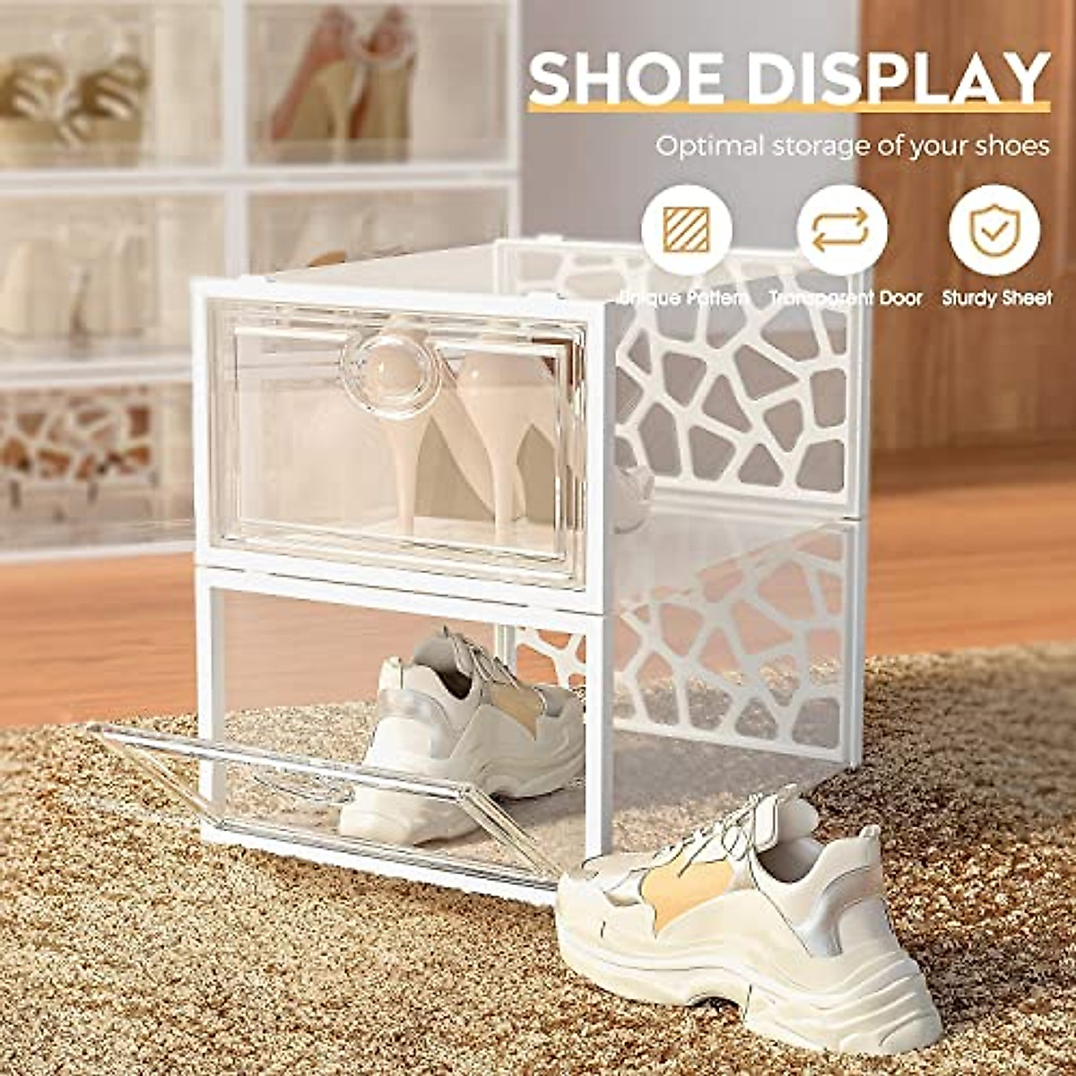 Pinkpum 12 Pack Shoe Storage Boxes, Clear Stackable Shoe Containers for Closet, Foldable Sneaker Storage Fit for Size 11