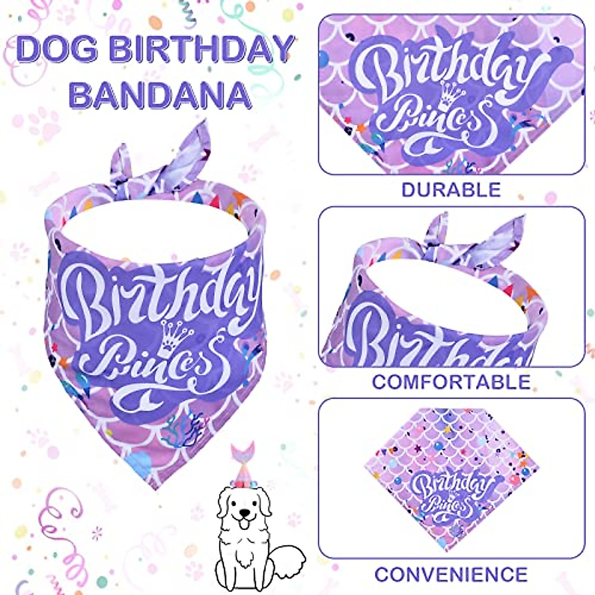 Cute Dog Birthday Party Supplies, Boy Girl Dog Birthday Bandana Scarf and Dog Birthday Hat with Number (Mermaid, Large)