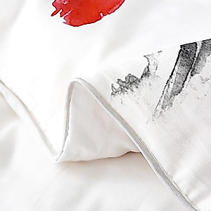 jejeloiu Japanese Style Cotton Duvet Cover Set King Set Exotic Fuji Mountain Printed Bedding Set Girls Women Men Cherry Blossom Comforter Cover Soft Cotton Soft Red Floral Bedspread Cover with Ties