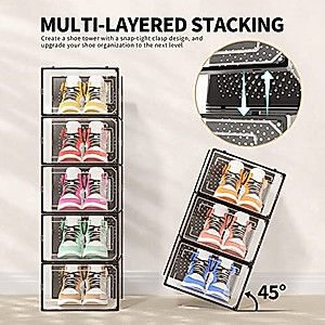 BVBOX Large Shoe Boxes Clear Plastic Stackable, 12 Pack Shoe Storage Boxes With Magnetic Door， Ventilation Design Drop Front Shoe Box, Dust-Proof Shoe Organizer