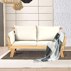 Tangkula Acacia Wood Patio Convertible Couch Sofa Bed with Adjustable Armrest, Outdoor Daybed with Cushion & Pillow, Folding Chaise Lounge Bench Ideal for Porch Courtyard Poolside (White)