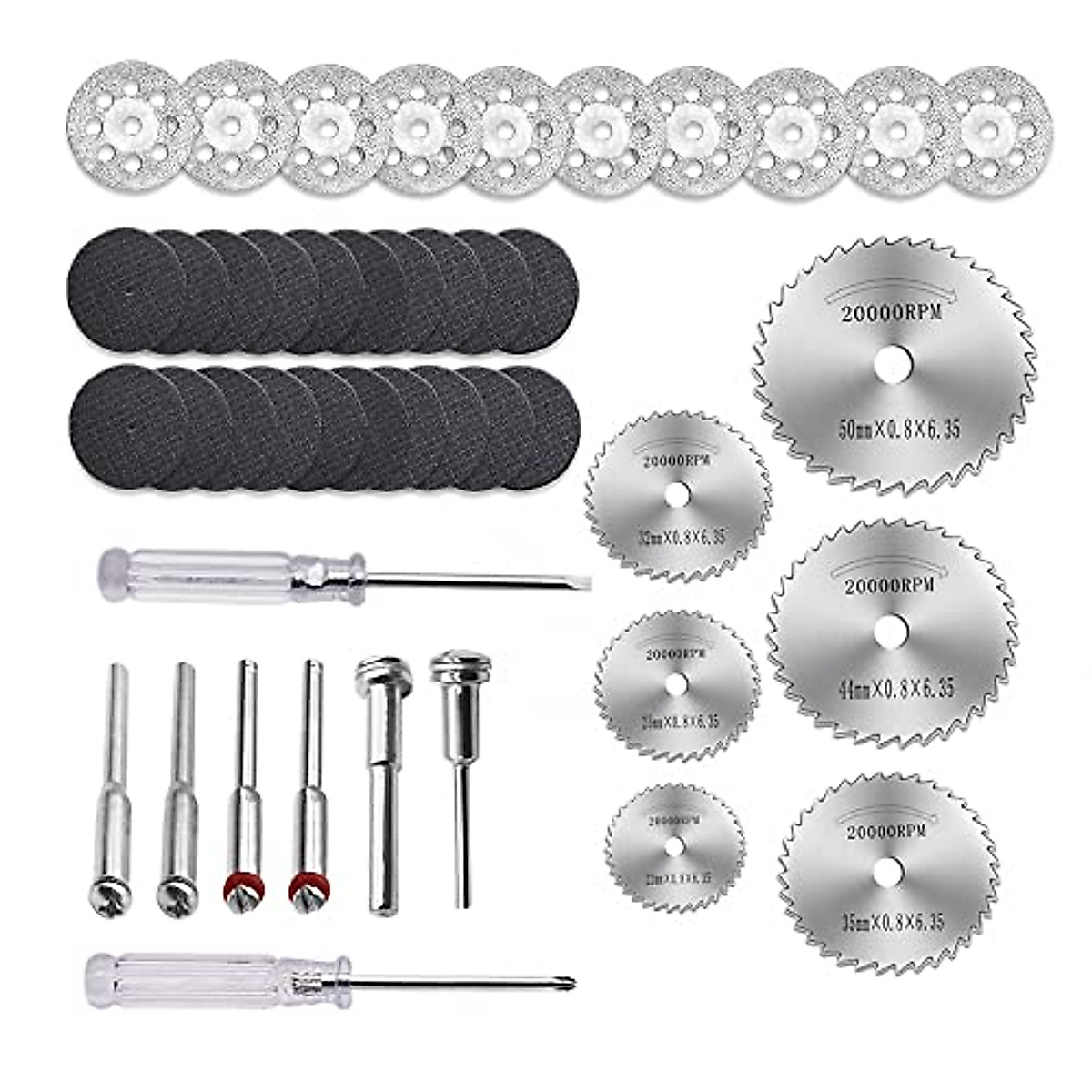 Ruibapa 42PCS Rotary Diamond Cutting Wheels Kit, Include 20PCS Resin Cutting Discs,6PCS HSS Circular Saw Blades,10PCS Diamond Cutting Wheels,with Mandrel and Screwdrivers for Glass and Plastic P-010