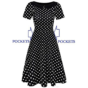Work Dresses for Women Vintage Polka Dot Pockets Knee-Length Fit and Flare Summer A-Line Casual Peter Pan Collar Dresses 978 (Black Dot, L)