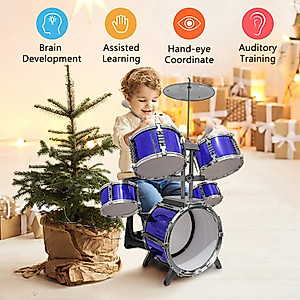 Kids Drum Set 5 Piece Toddlers Jazz Drum Kit with Stool Musical Instrument Toys for 3 4 5 6 7 Year Old Boys Girls Birthday Gift